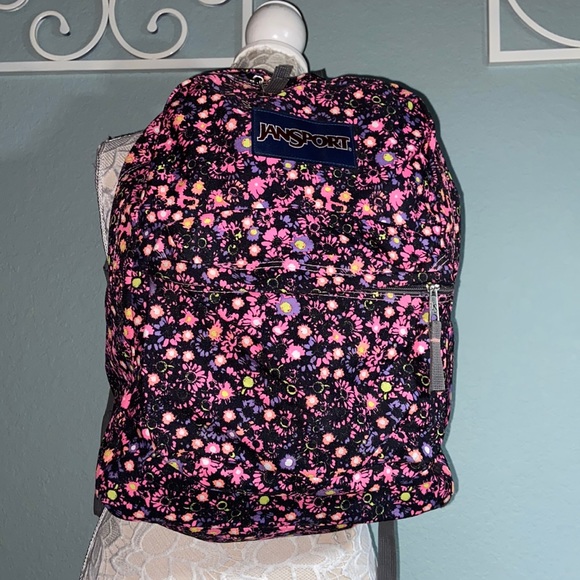 Jansport | Bags | Jansport Black Pink Purple Canvas Floral Backpack ...
